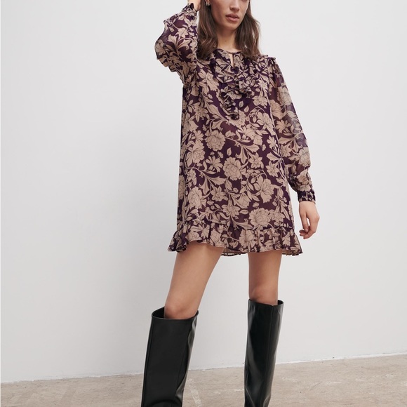 Zara | Dresses | Zara Floral Chiffon Ruffle Purple Tan Long Sleeve Mini ...
